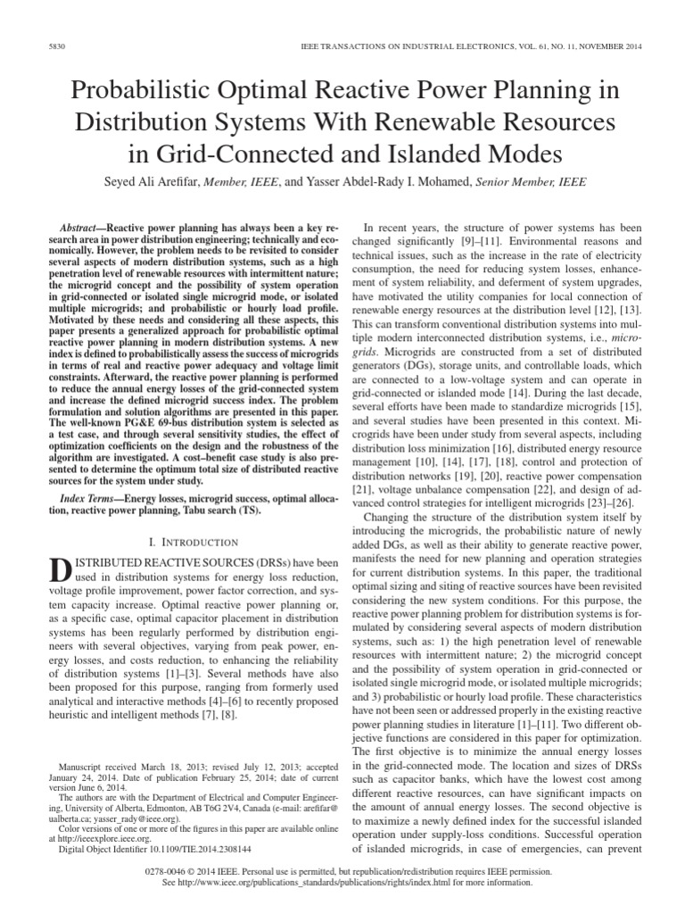 Probabilistic Optimal Reactive Power Planning in Distribution Systems With Renewable Resources ...