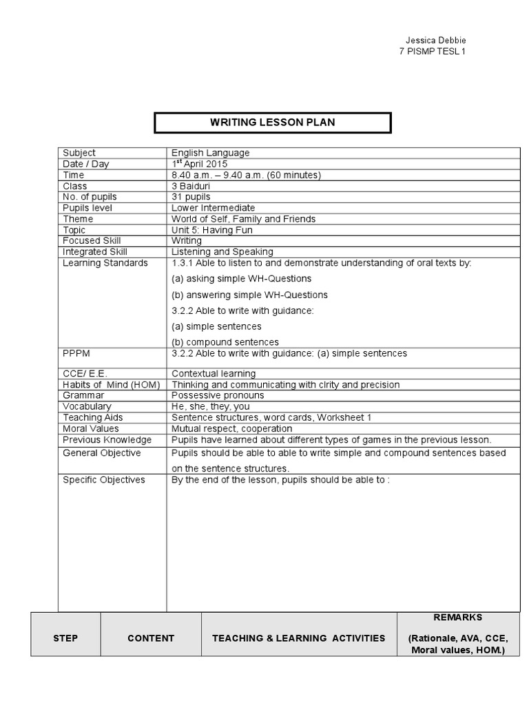 Writing Lesson Plan: Jessica Debbie 7 Pismp Tesl 1 | PDF | Lesson Plan ...