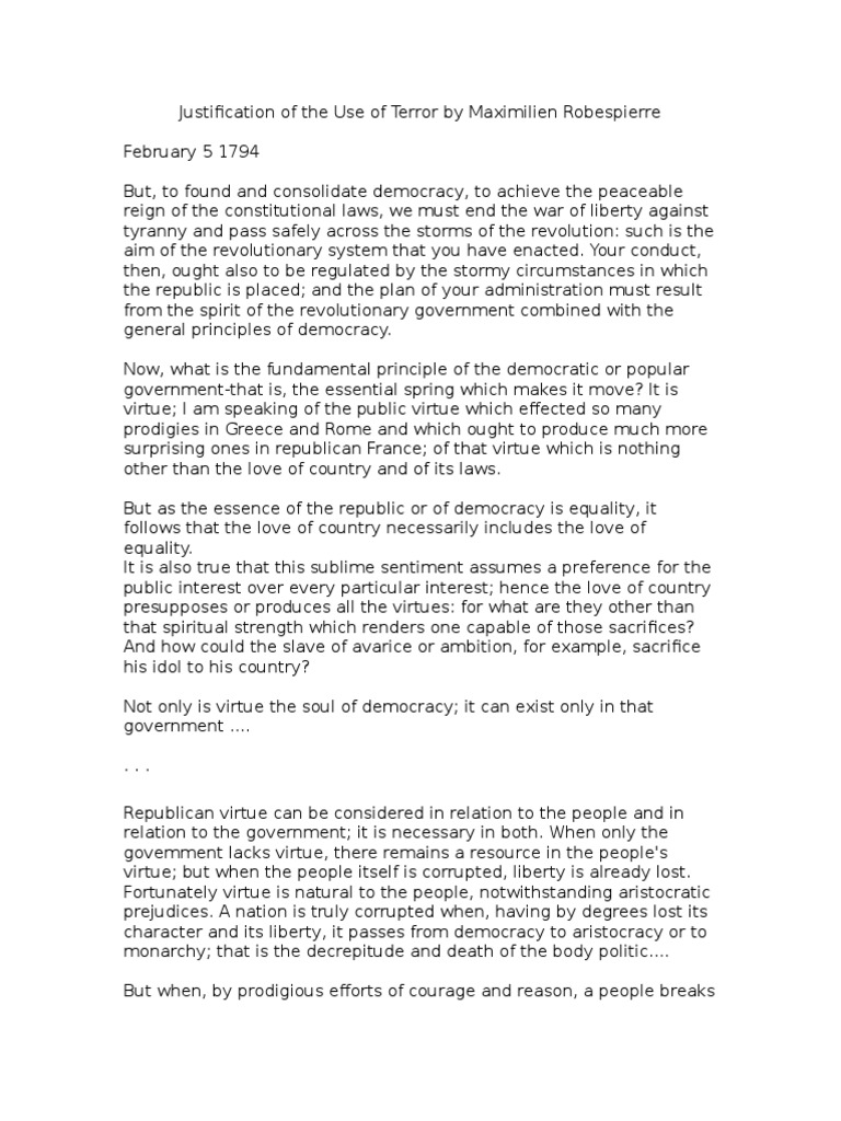 Justification of The Use of Terror by Maximilien Robespierre | PDF ...