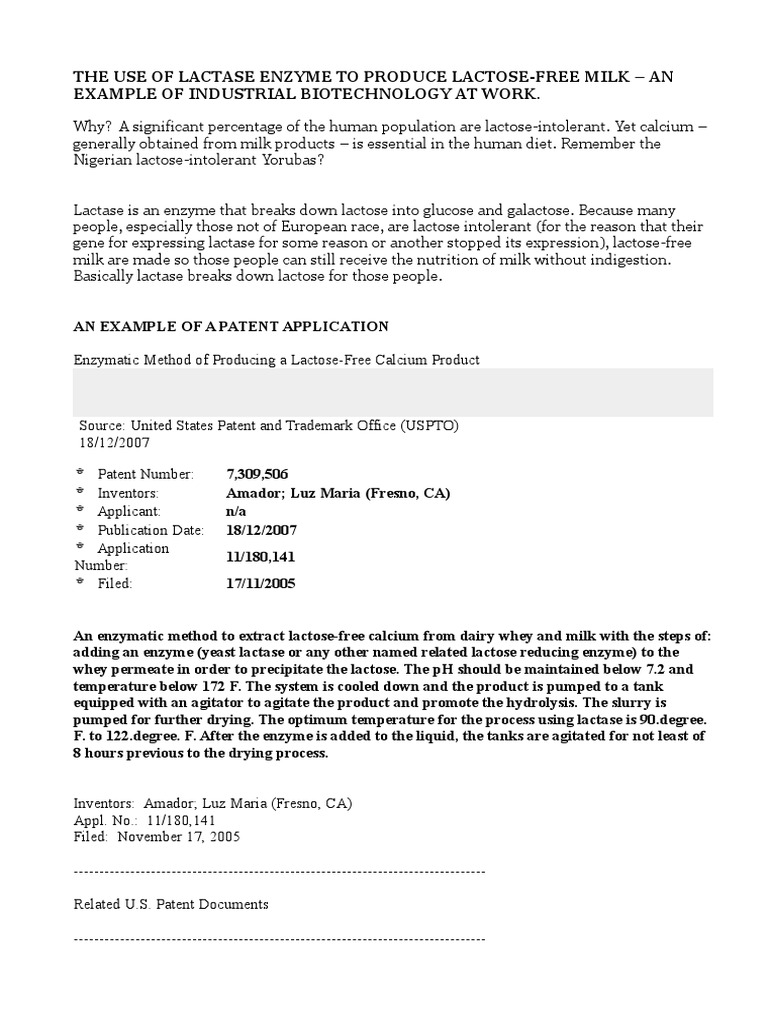 Patent Application For Production of Lactose Free Milk | PDF | Milk ...