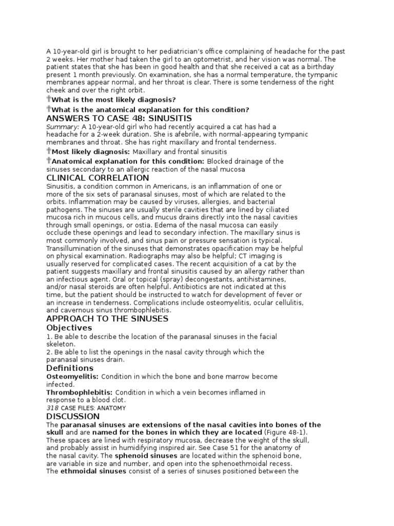 Answers To Case 48: Sinusitis: Summary: A 10-Year-Old Girl Who Had Recently Acquired A Cat Has ...