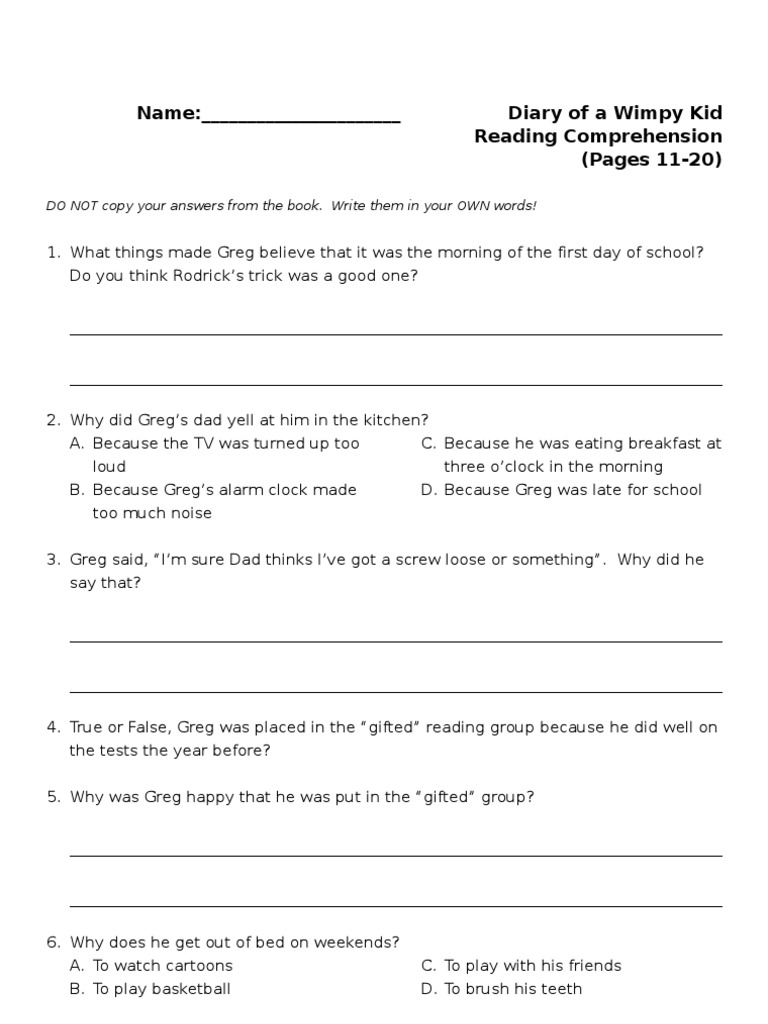 Diary of A Wimpy Kid (Book 1) ReadComp p.11-20 | PDF