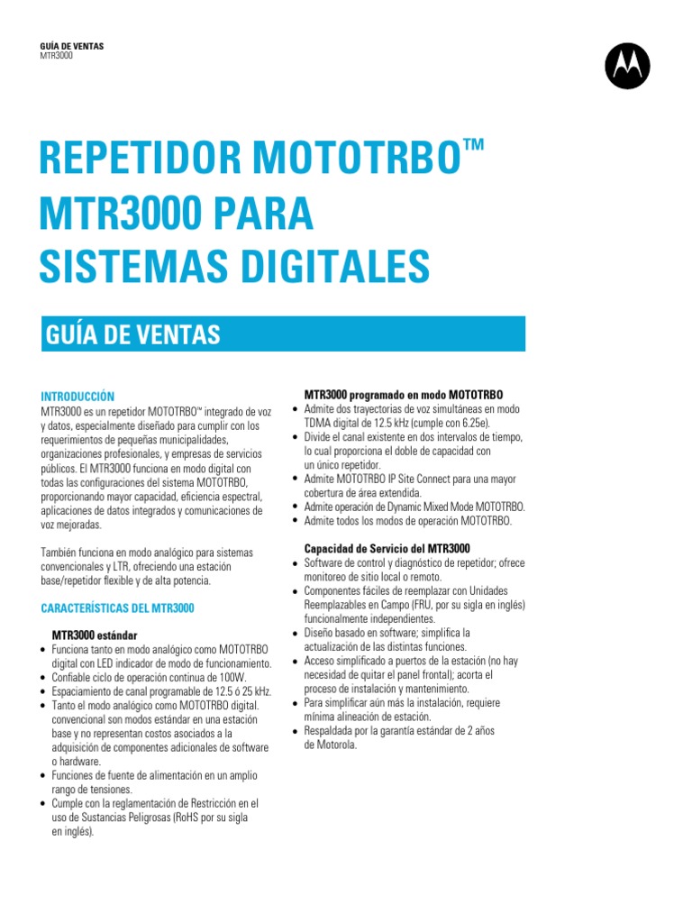 Motorola Mtr3000 Mototrbo Repeater Sales Guide Es 111810 | PDF | Señal ...