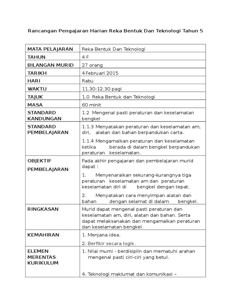 RPH RBT Tahun 4 Peraturan Bengkel Dan Am | PDF