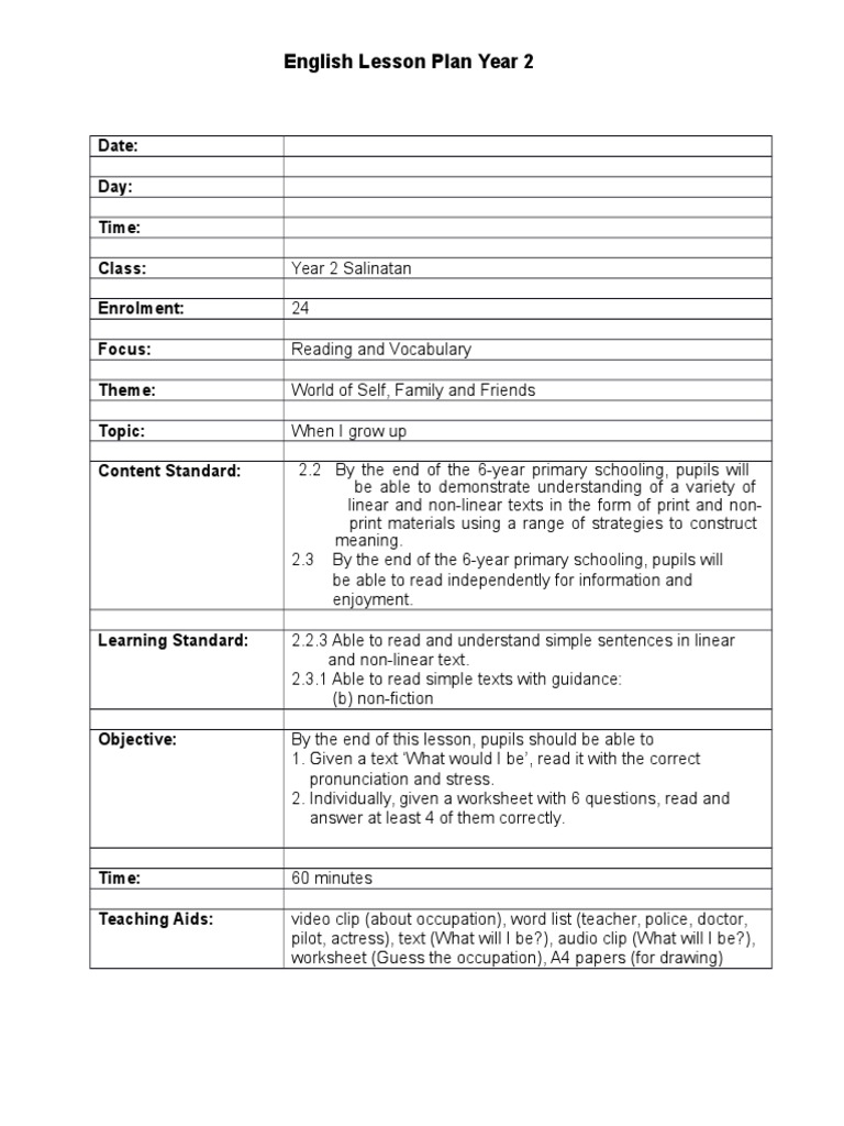 English Lesson Plan Year 2: Date: Day: Time: Class: Enrolment: Focus ...