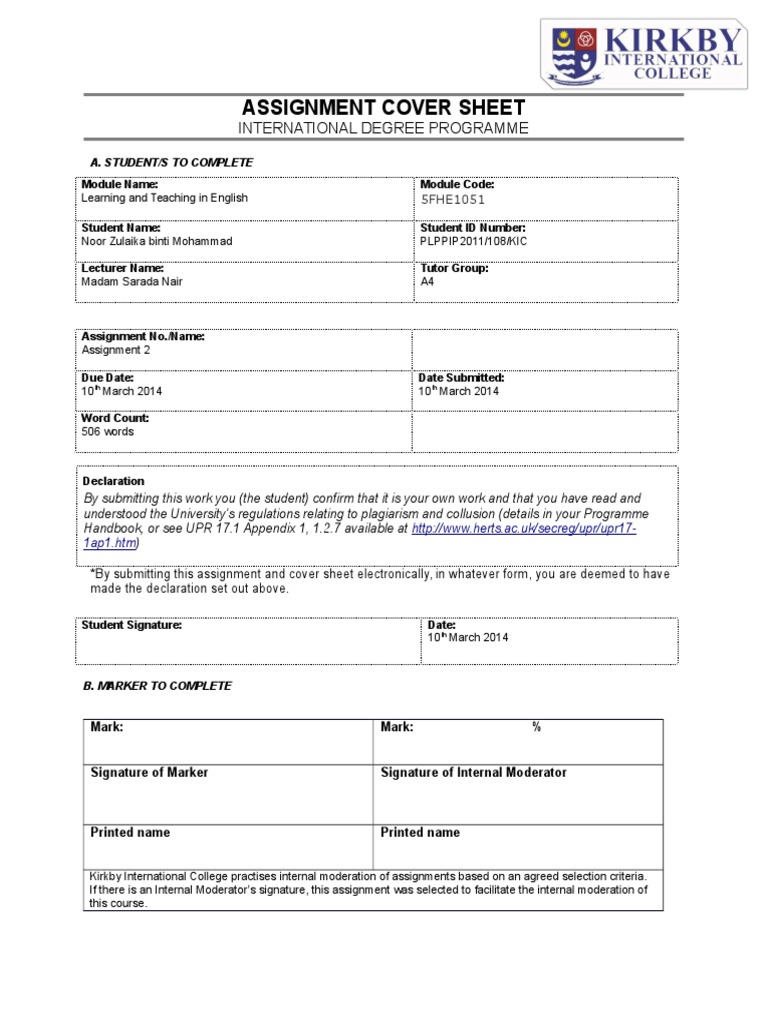 Assignment Cover Sheet: International Degree Programme | PDF ...