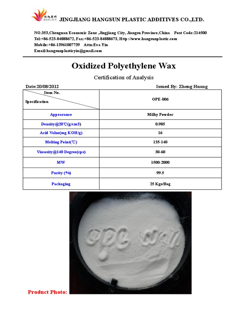 Oxidized Polyethylene Wax: Jingjiang Hangsun Plastic Additives Co.,Ltd ...