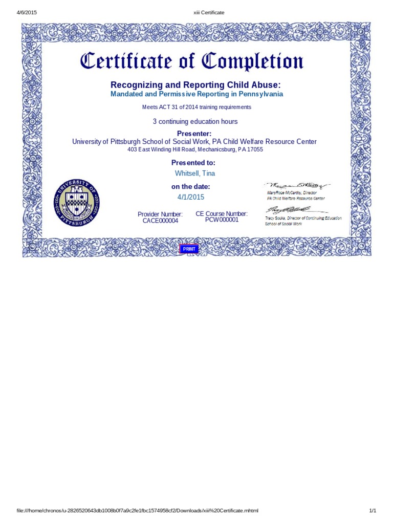 Child Abuse Reporting CE Certificate | PDF | Social Science