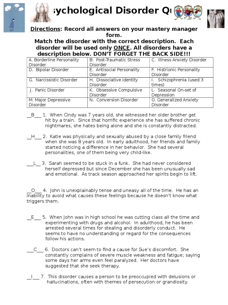 Psychological Disorder Quiz Key sp15 | PDF | Mental Disorder ...