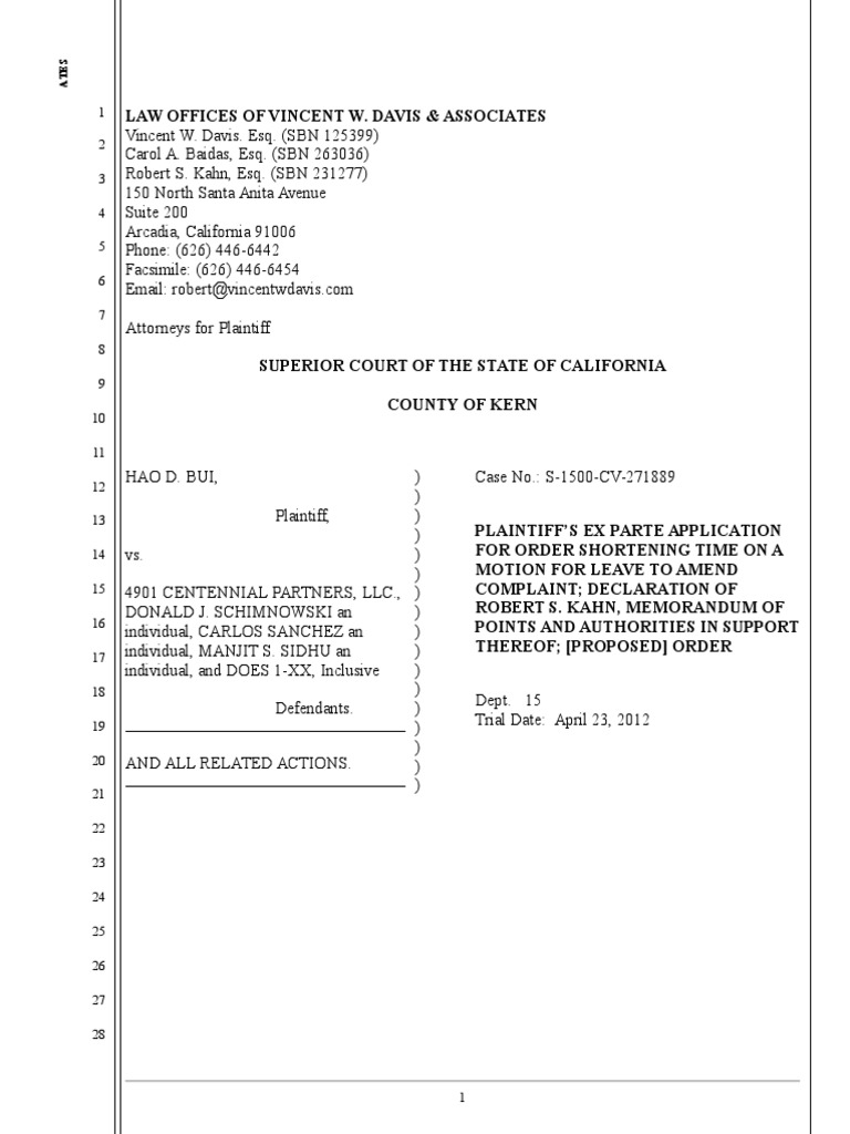 Ex Parte Application for Order Shortening Time | Ex Parte ...