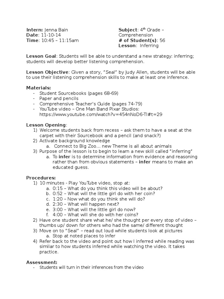 4th Grade Lesson on Inferring Skills | PDF