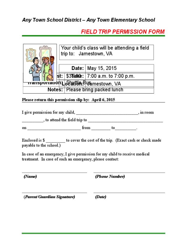 Field Trip Permission Form: Any Town School District - Any Town ...