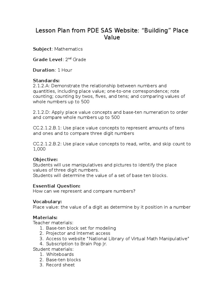 Lesson Plan From PDE SAS Website: "Building" Place Value: Subject ...