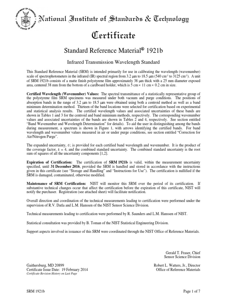 Calibrating Infrared Spectrophotometers: Certificate for Standard ...