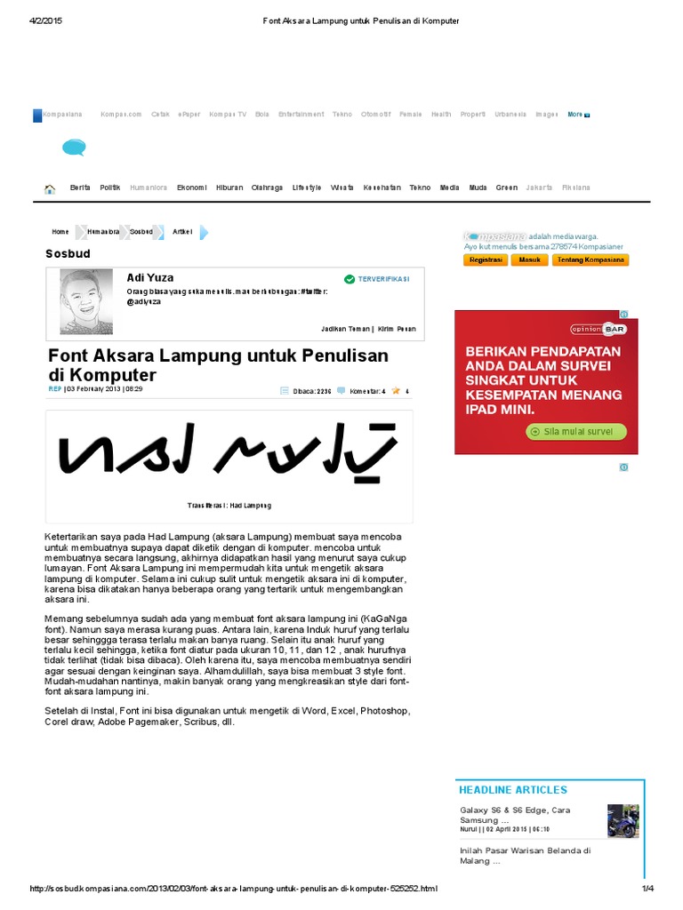 Font Aksara Lampung Untuk Penulisan Di Komputer PDF | PDF