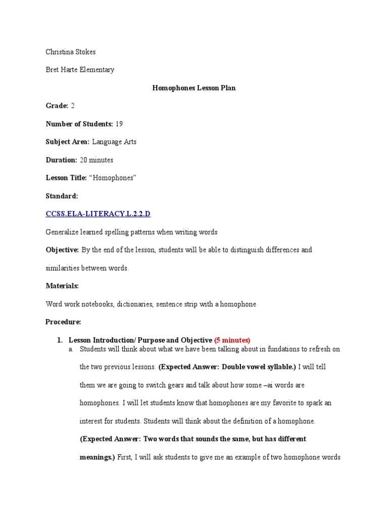 Homophone Lesson Plan 8 | PDF | Lesson Plan | Word