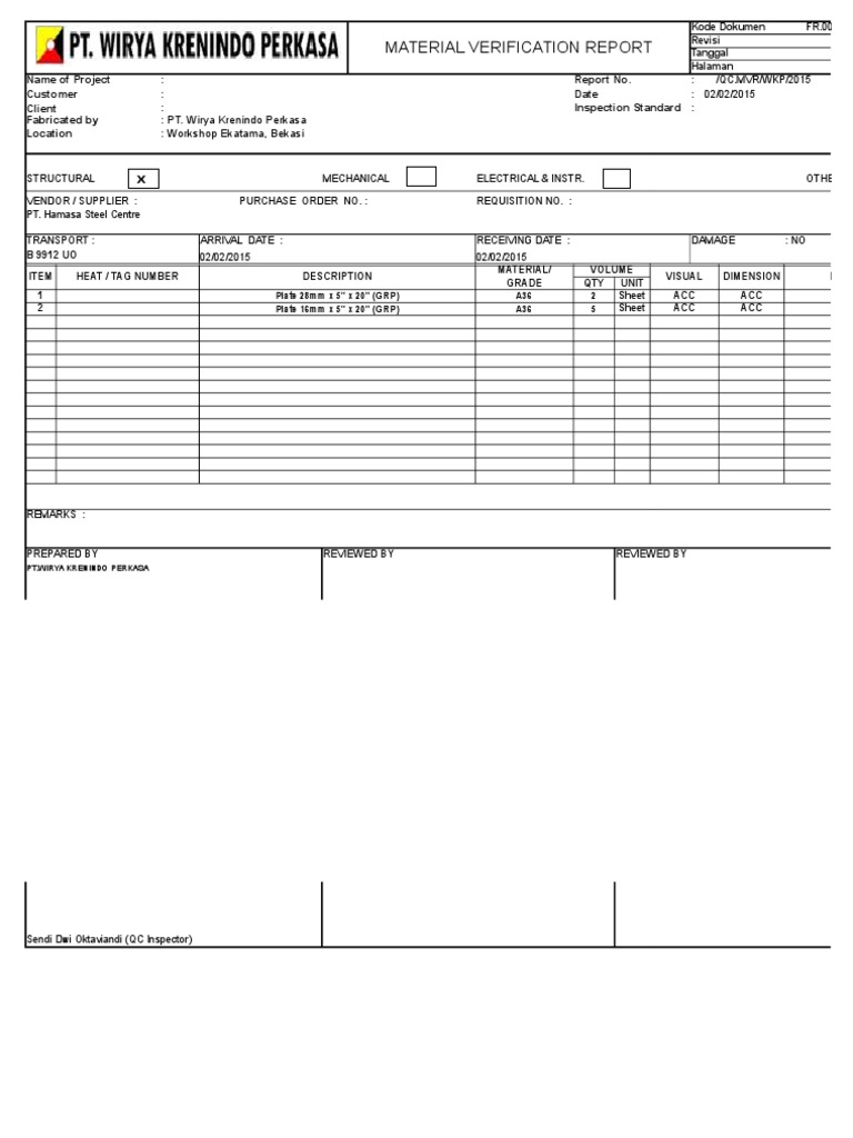 Incoming Material Inspection Report | PDF | Law