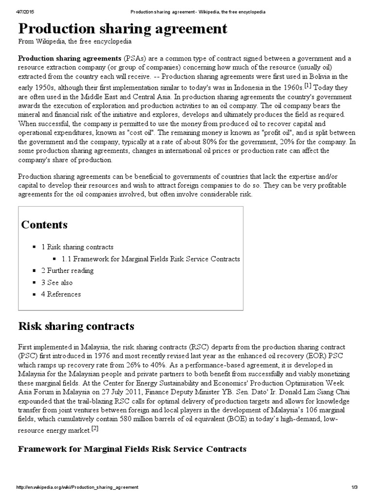 Production Sharing Agreement - Wikipedia, The Free Encyclopedia | PDF ...