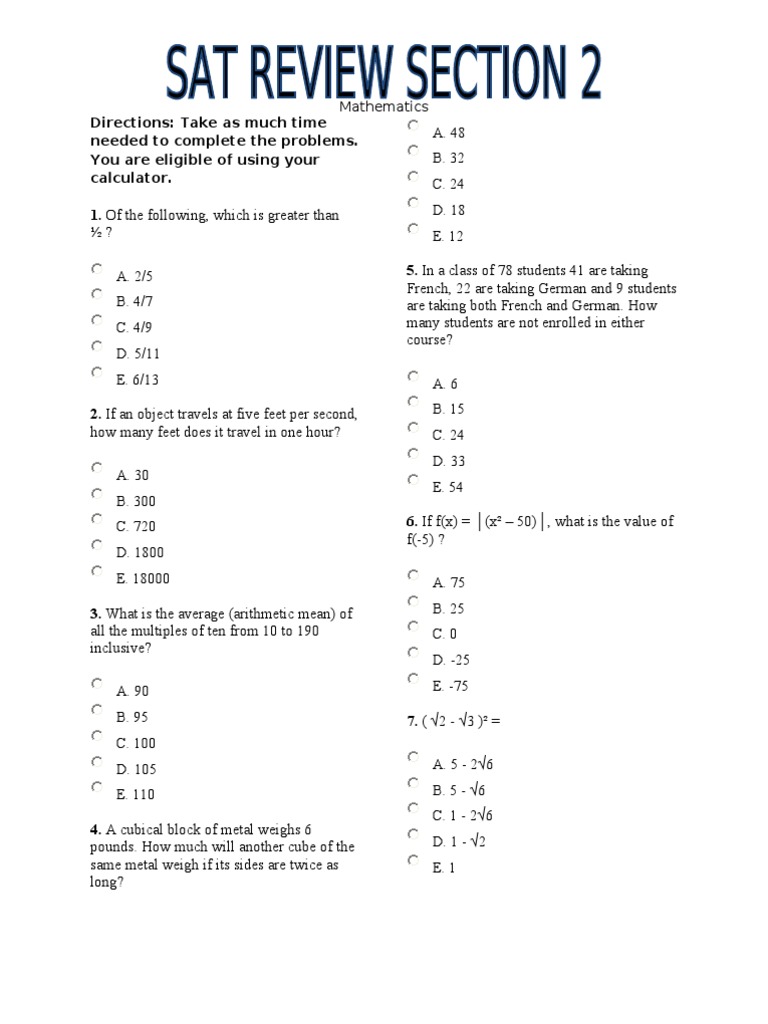 Sat Review Packet Week 1 With Math | PDF | Numbers | Teaching Mathematics