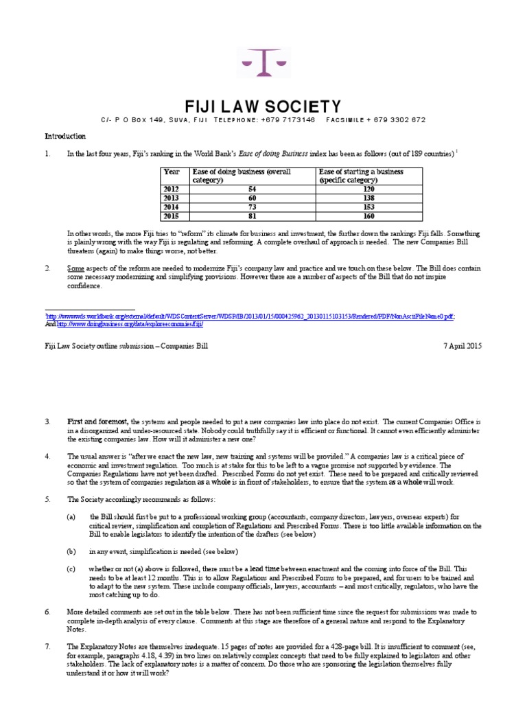 FIJI LAW SOCIETY - Companies Bill Submission 070415 | PDF | Regulatory ...