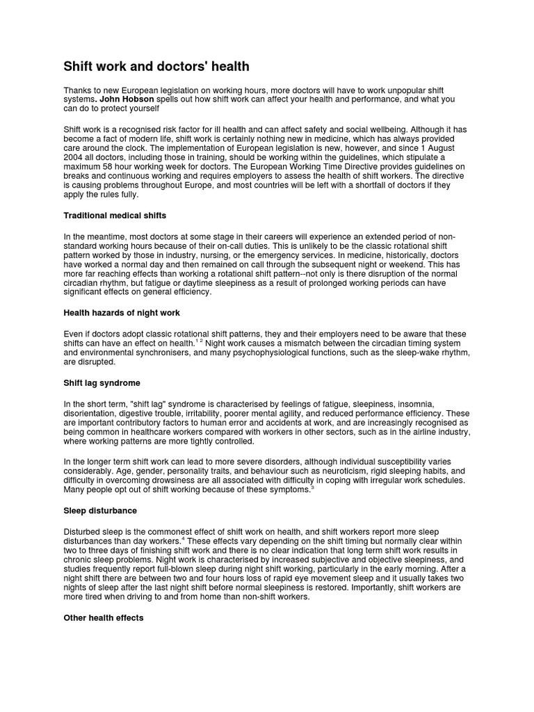 Doctor Shift Pattern | PDF | Shift Work | Sleep