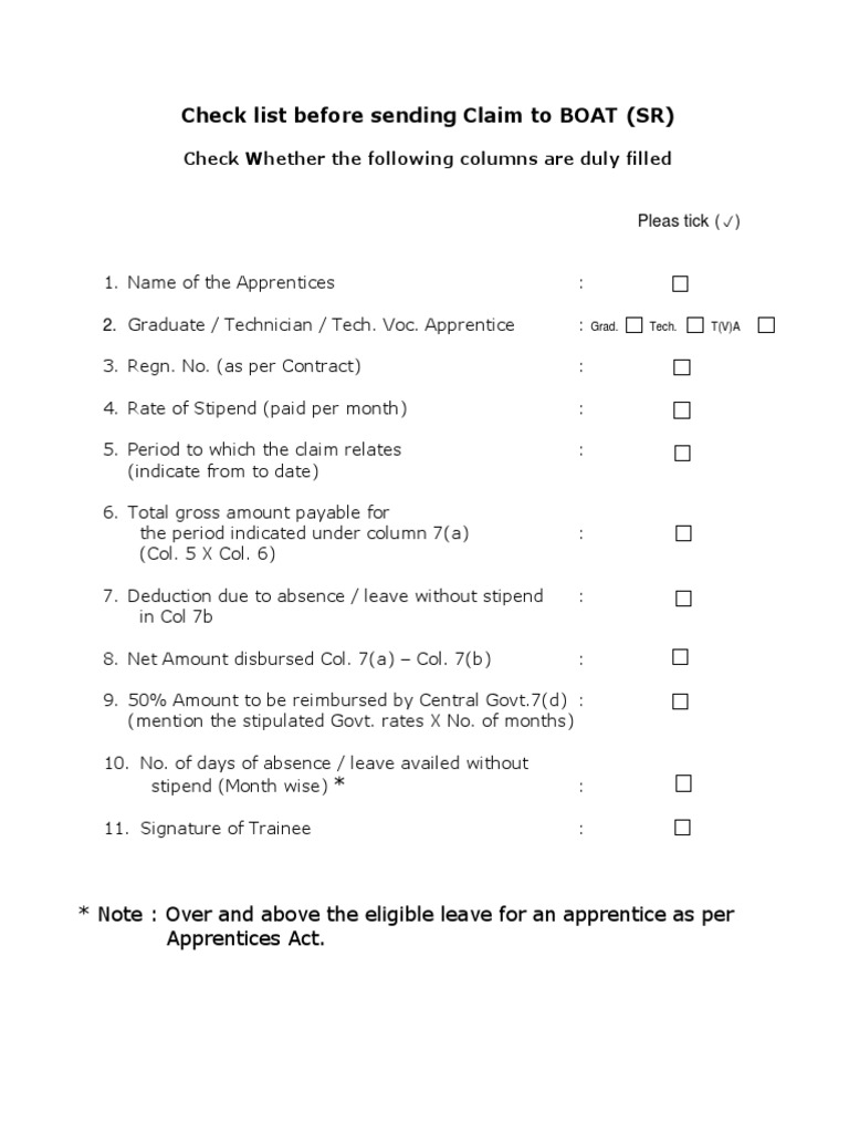 Check List Before Sending Claim To BOAT (SR) : Grad. Tech. T (V) A ...