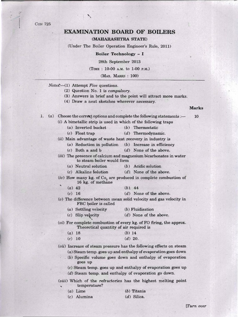 Boe Exam Paper Sep 2013 | Boiler | Chemical Engineering