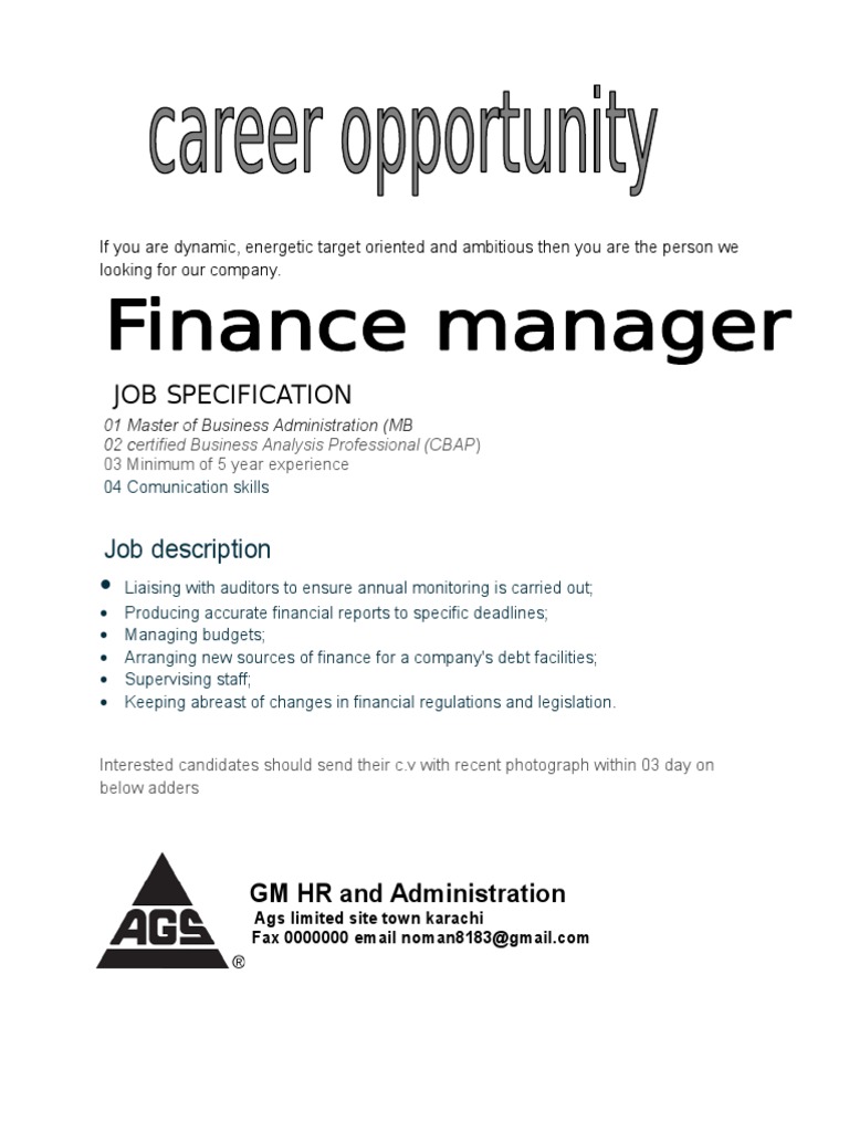Job Opening: Finance Manager Position | PDF