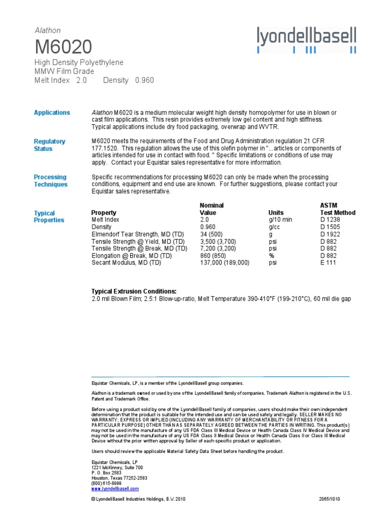 High Density Polyethylene MMW Film Grade Melt Index 2.0 Density 0.960 | PDF