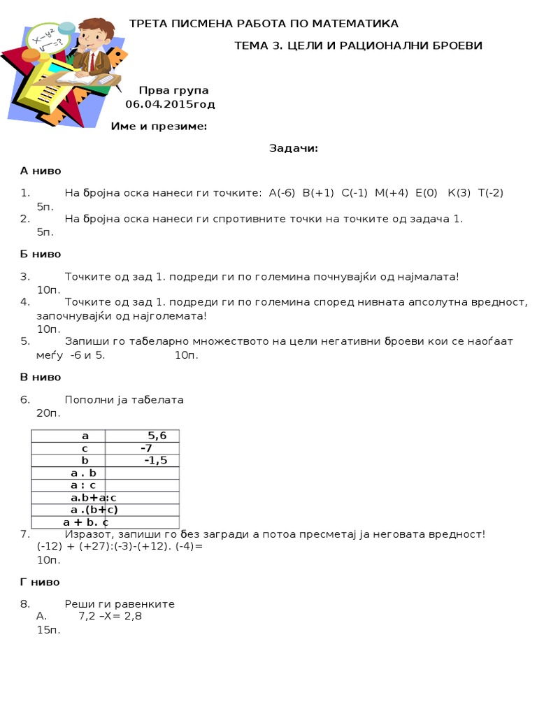 Трета контролна писмена работа по математика тема 3 Седмо одд Pdf