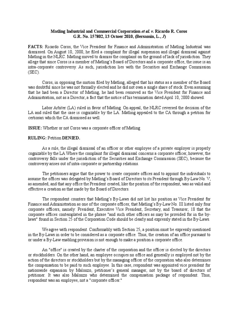 Matling Industrial v. Coros | Download Free PDF | By Law | Board Of ...