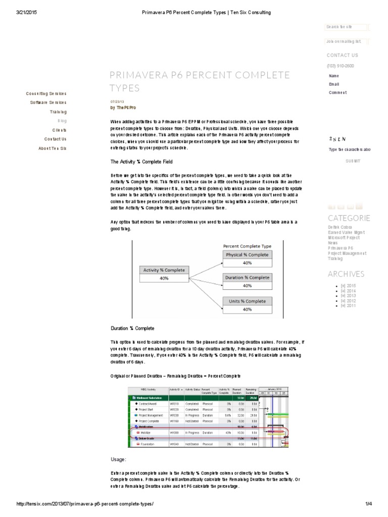 Primavera P6 Percent Complete Types - Ten Six Consulting | PDF ...