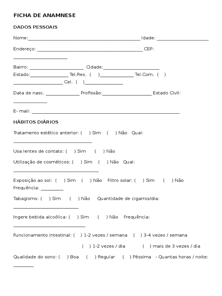 Ficha de Anamnese Word Editavel