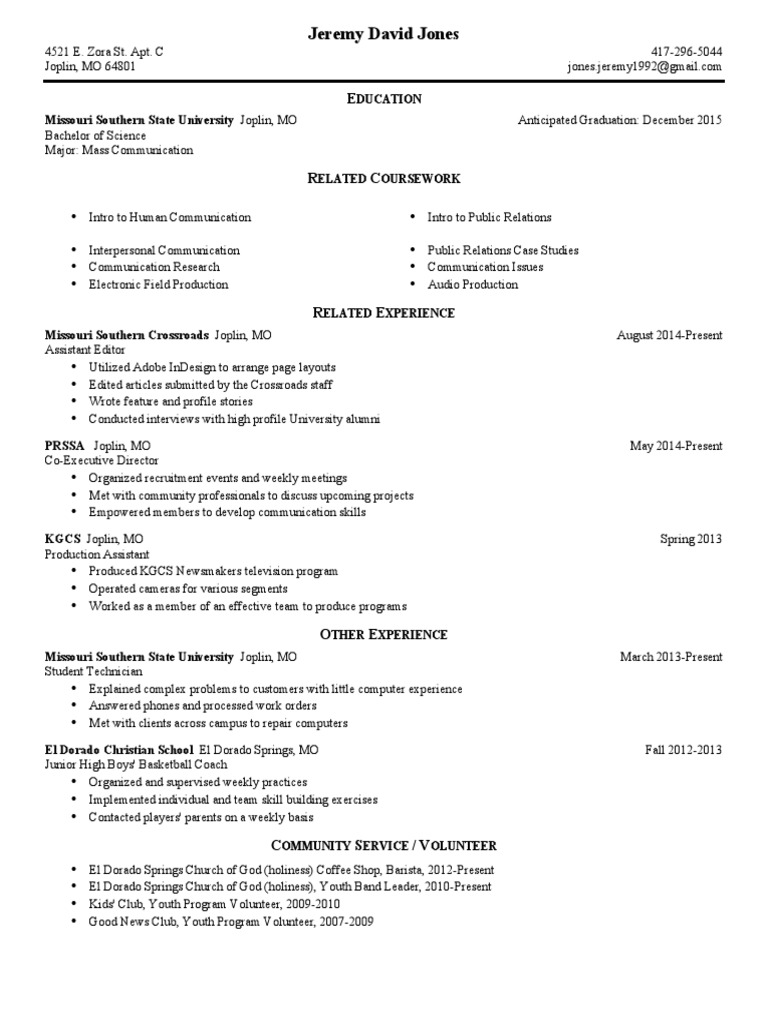 Jeremy Jones: Mass Comm Resume | PDF