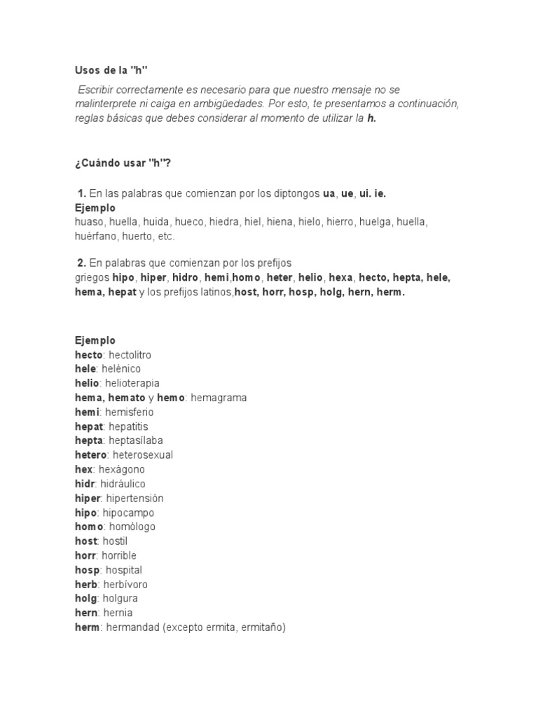 Reglas del uso de la letra H en español | PDF | Ortografía | Lengua ...
