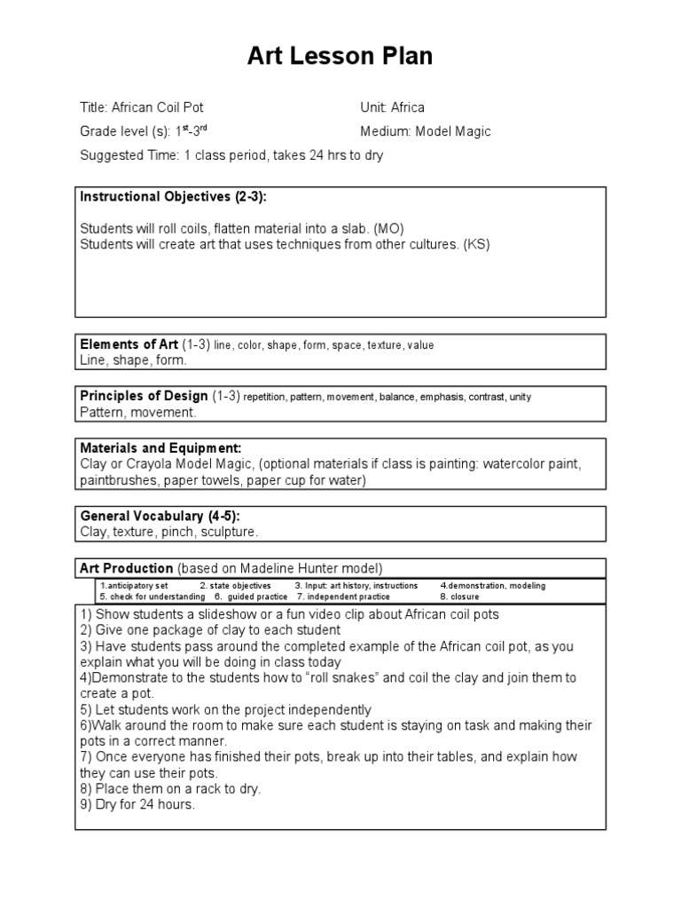 Art Lesson Plan: Instructional Objectives (2-3) | PDF