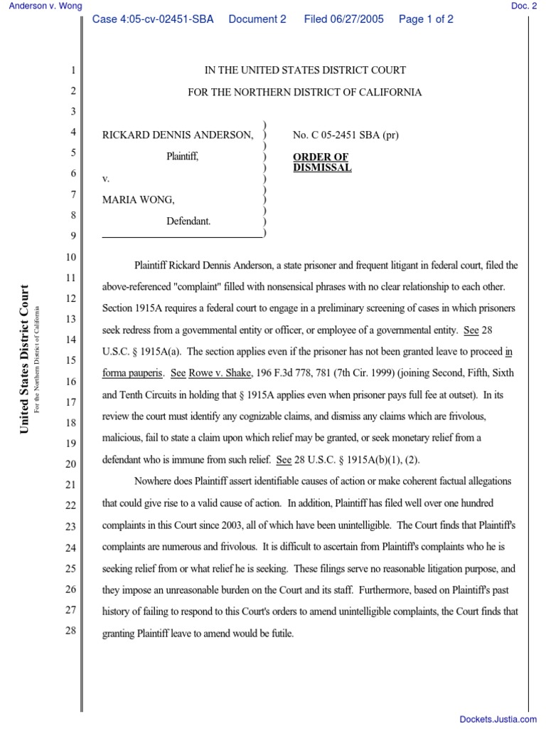 Anderson v. Wong - Document No. 2 | PDF | Complaint | Lawsuit