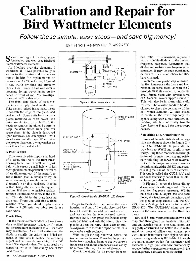 Calibration and Repair For Bird Wattmeter Elements | PDF | Resistor | Diode