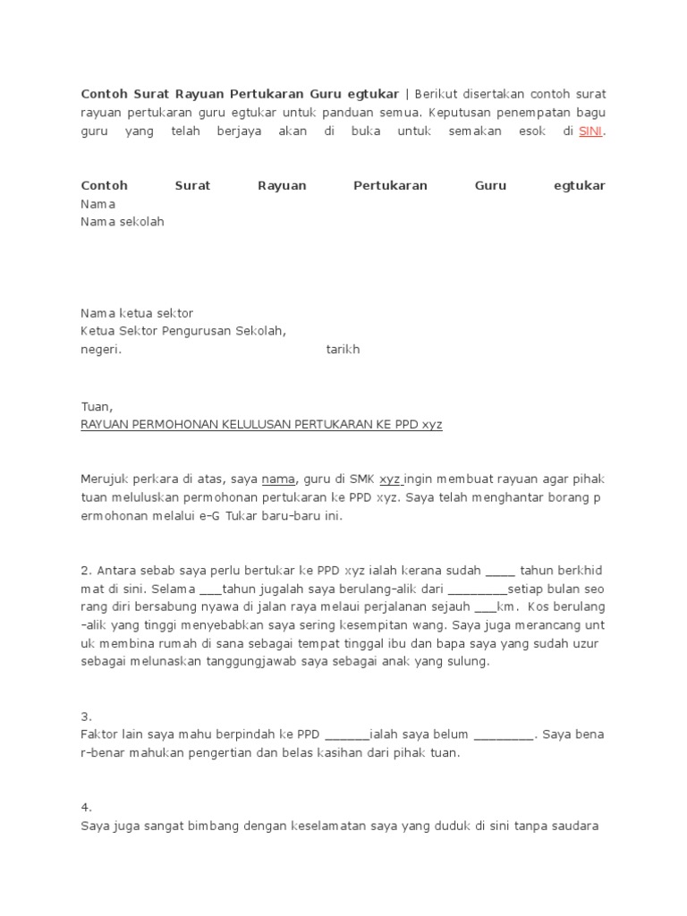 Contoh Surat Rayuan Pertukaran Guru Egtukar Pdf