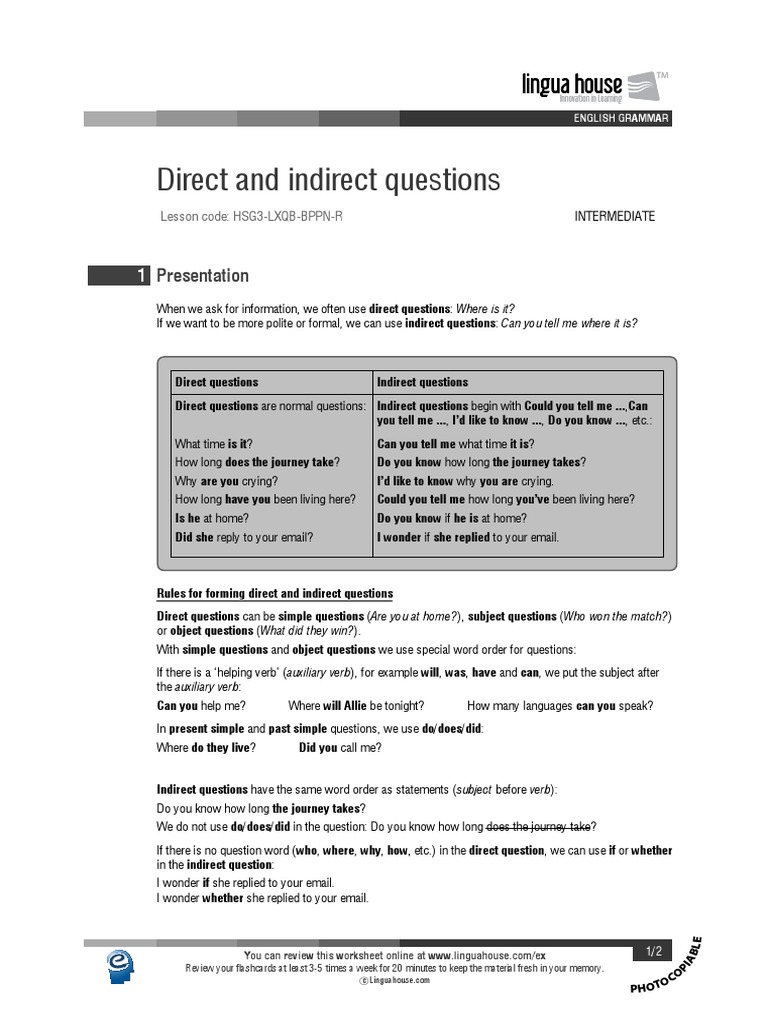 Direct and Indirect Questions | Question | Verb