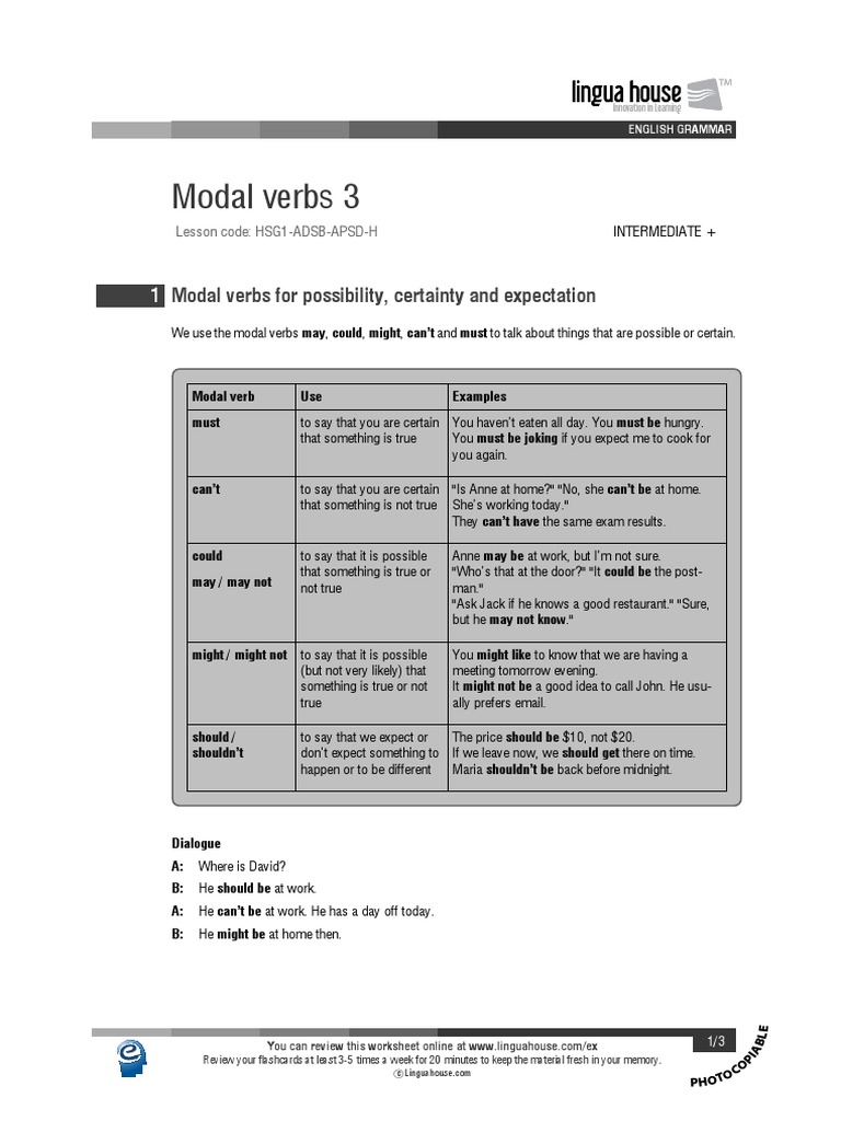 Modal Verbs 3 - Possibility and Expectation | PDF | English Grammar ...