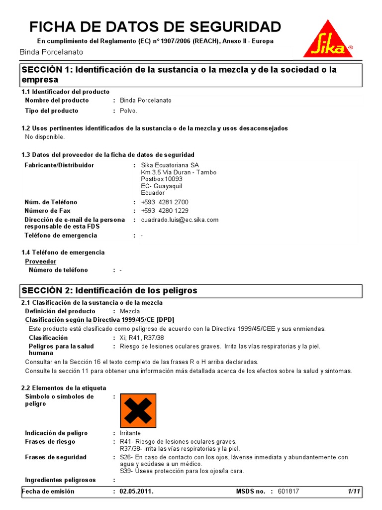 MSDS. Pegamento para Porcelanato | PDF | Residuos | Toxicidad