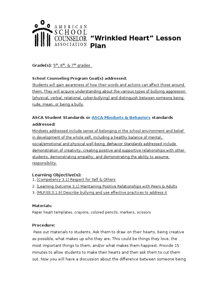 Wrinkled Heart Lesson Plan | PDF | Bullying | Goal