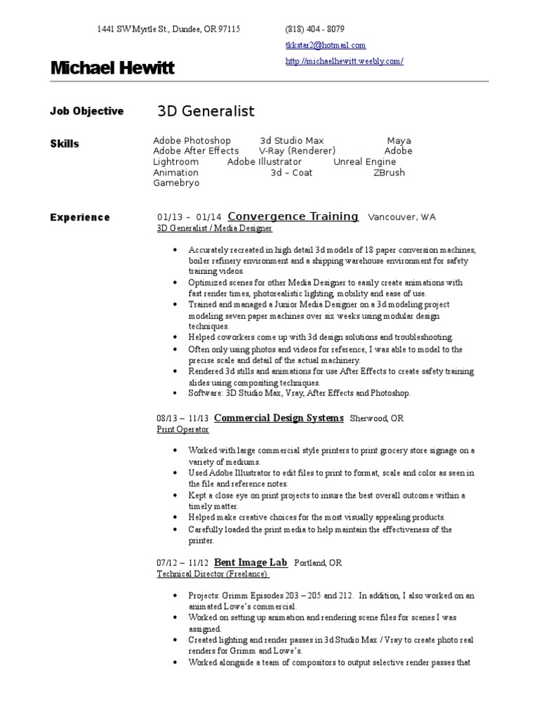 3D Generalist Resume of Michael Hewitt | PDF | 3 D Computer Graphics ...