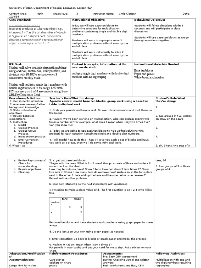 Math Multiplication Lesson Plan Grade 3 | PDF | Multiplication | Lesson ...