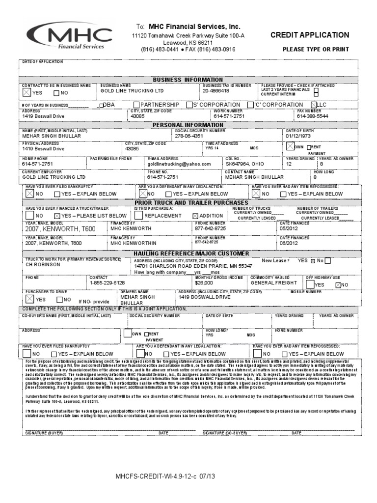 Credit Application for Trucking | PDF | Lease | Government
