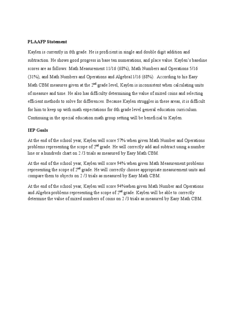 Math Plaafp Statement and Iep Goals | PDF | Subtraction | Teaching ...
