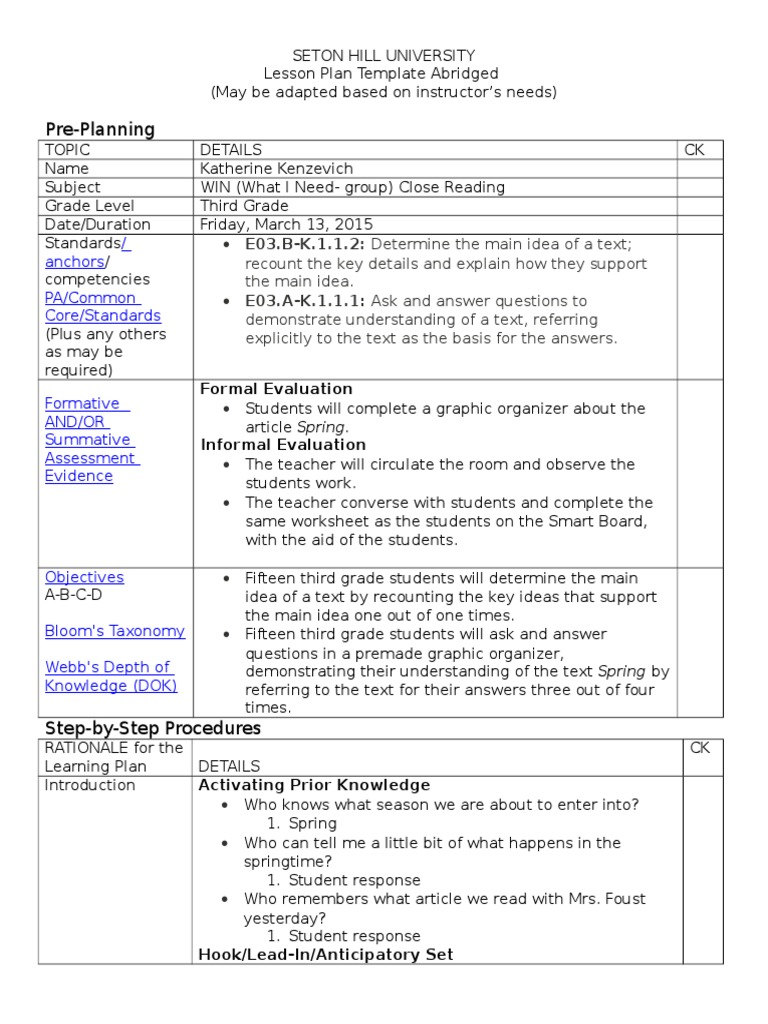 Third Grade Close Reading Lesson Plan | PDF | Reading (Process) | Pedagogy