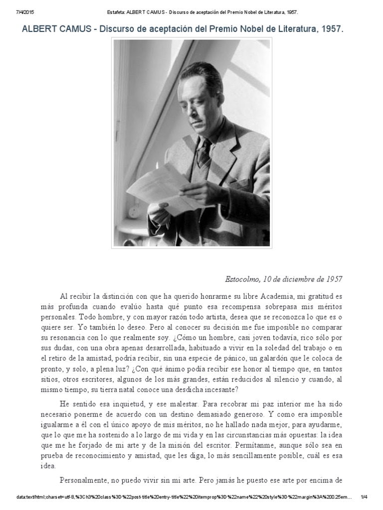 Discurso de Camus al Nobel 1957 | PDF | Albert Camus | Libertad