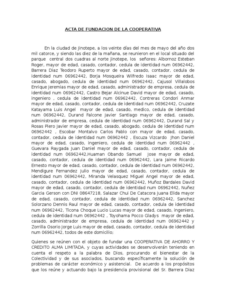 Acta de Fundacion de La Cooperativa Final | PDF | Movimientos sociales ... Acta de Fundacion de La Cooperativa Final | PDF | Movimientos sociales ...